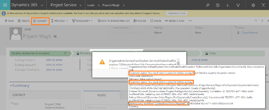 Error while qualifying a Lead in D365 PSA – D365 Feeds