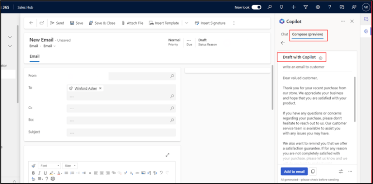 Compose and send email messages using Co-pilot – D365 Feeds