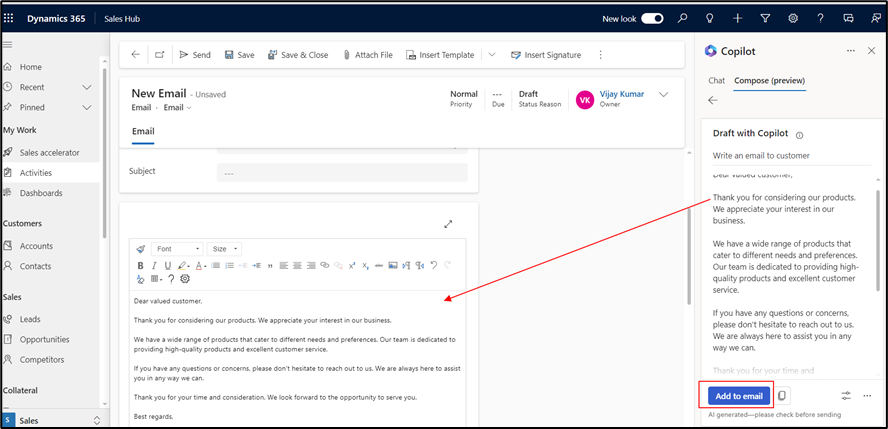 Compose and send email messages using Co-pilot – D365 Feeds
